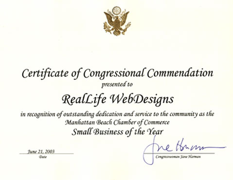 Congressional Commendation Certificate - ReaLife WebDesigns Press Room ...